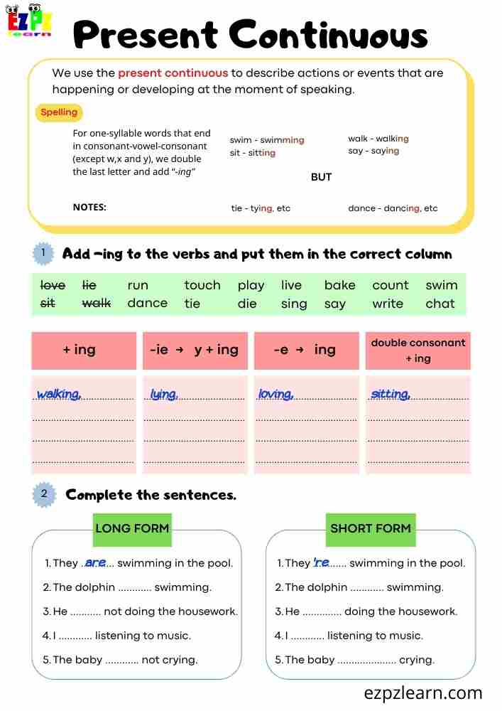 Present Continuous Spelling Rules Worksheet – How to Add “-ing” | Free PDF Download - Ezpzlearn.com